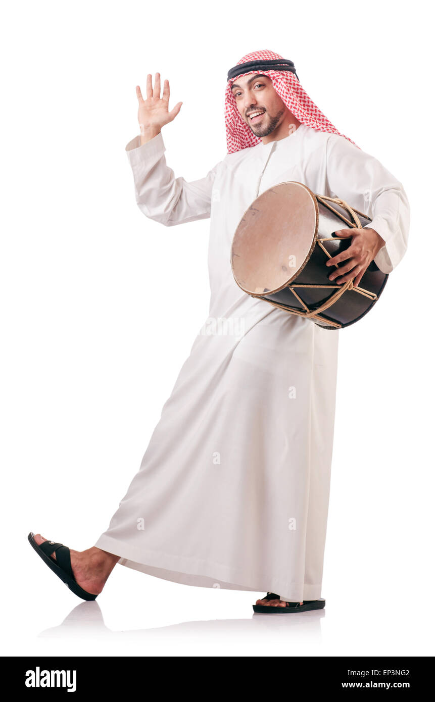 Arab man playing drum isolated on white Stock Photo - Alamy