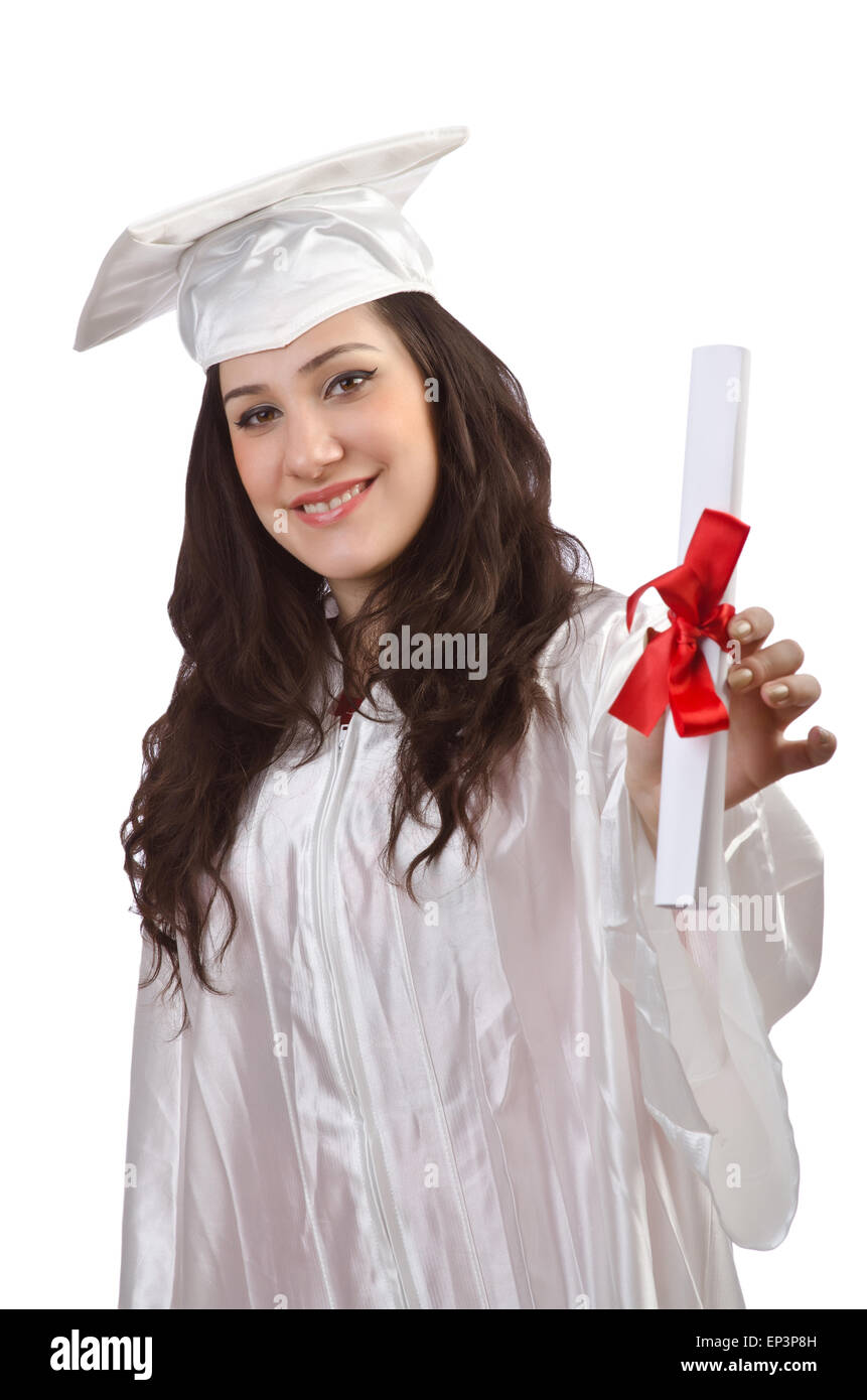 Happy graduate on white background Stock Photo - Alamy