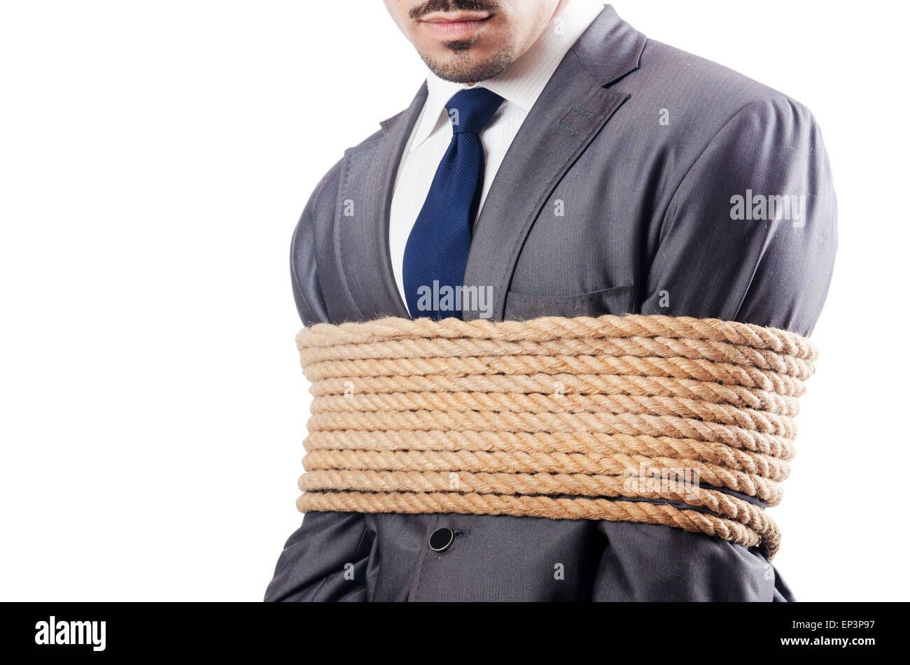 Man tied up with rope on white Stock Photo - Alamy