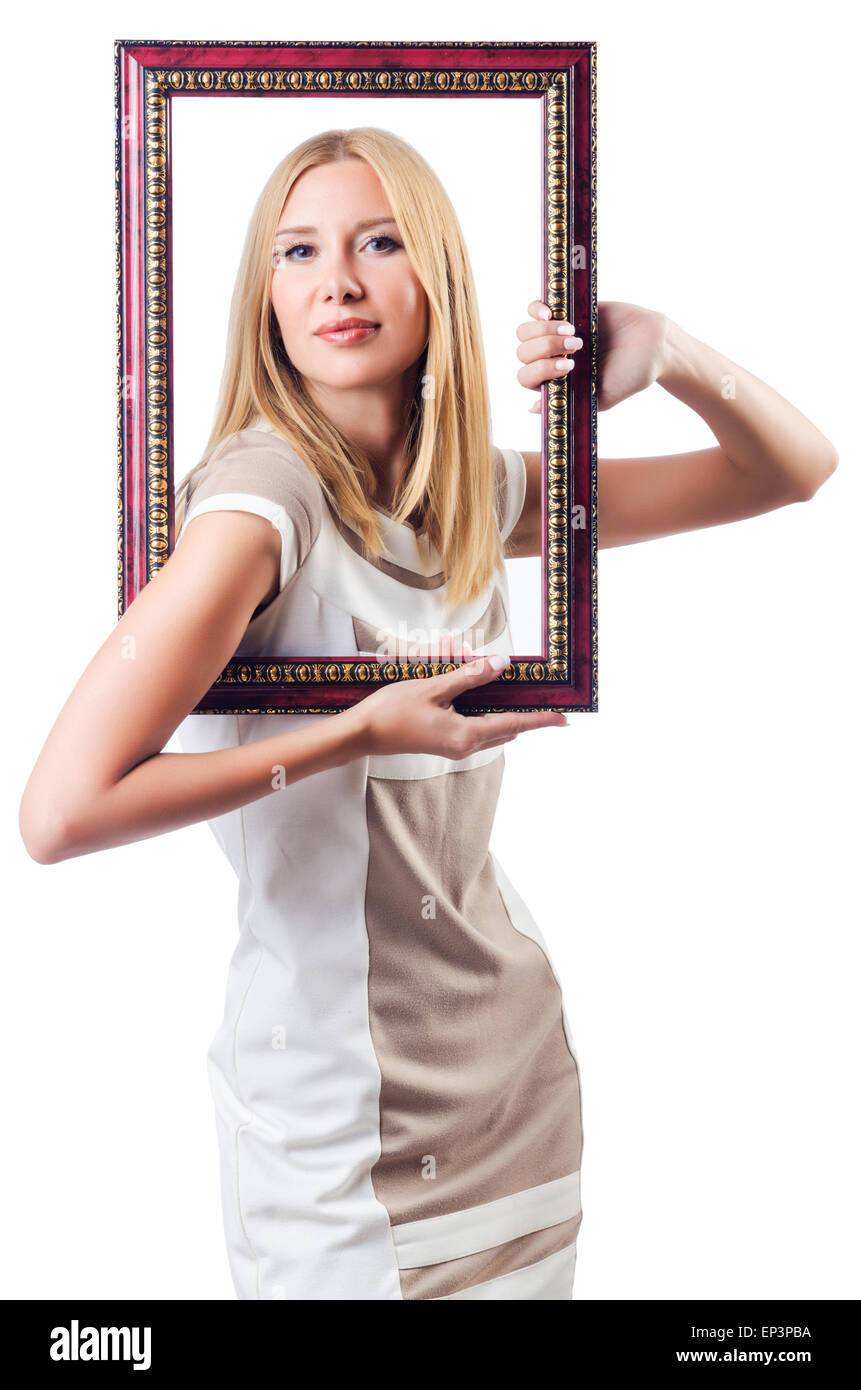 Woman with picture frame on white Stock Photo - Alamy