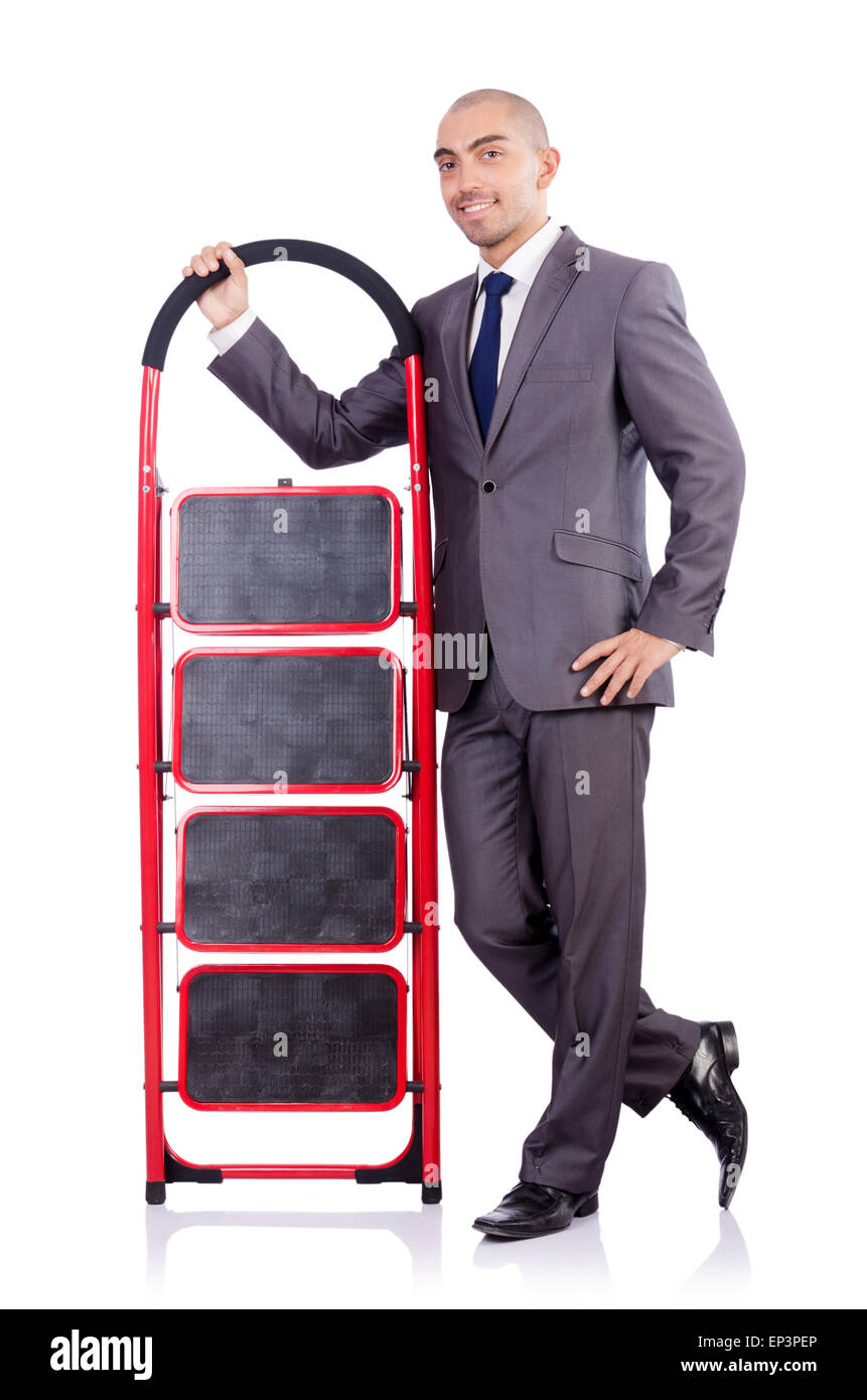 Businessman with the ladder isolated on white Stock Photo - Alamy