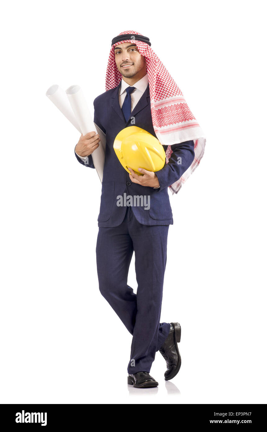 Arab engineer with drawings on white Stock Photo - Alamy