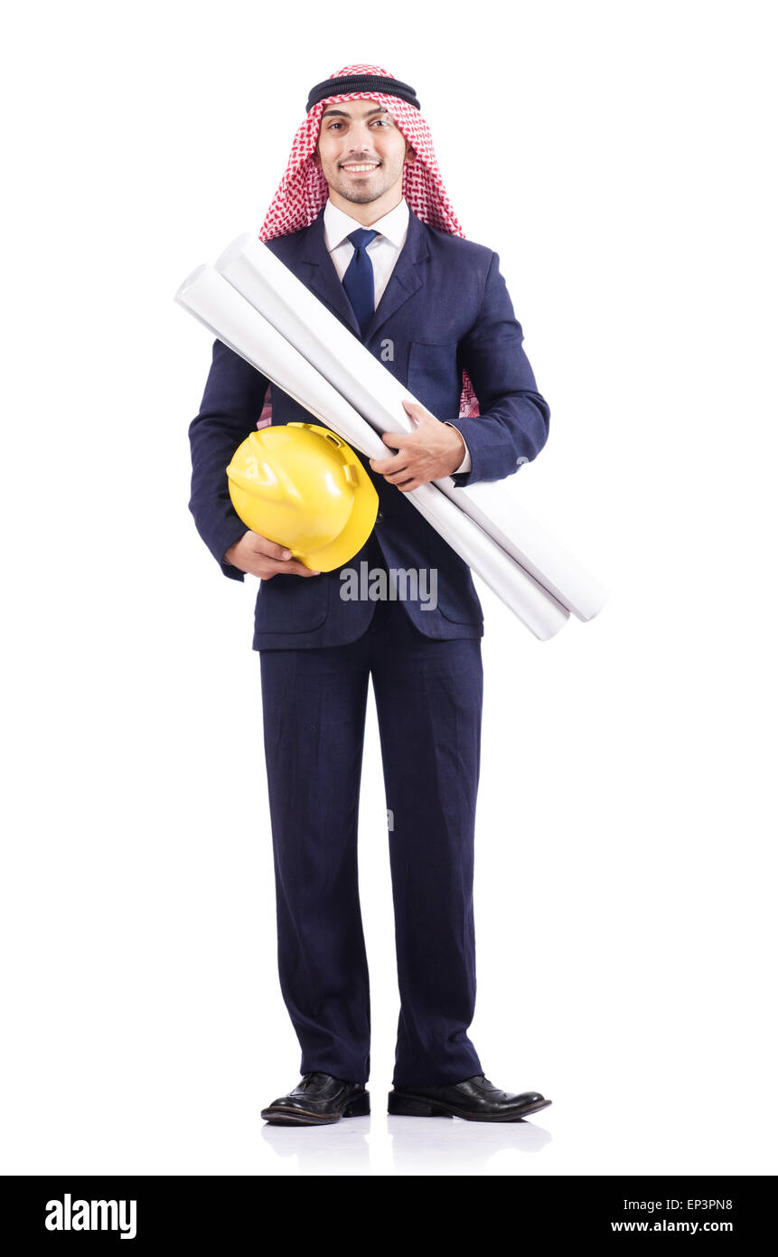 Arab engineer with drawings on white Stock Photo - Alamy