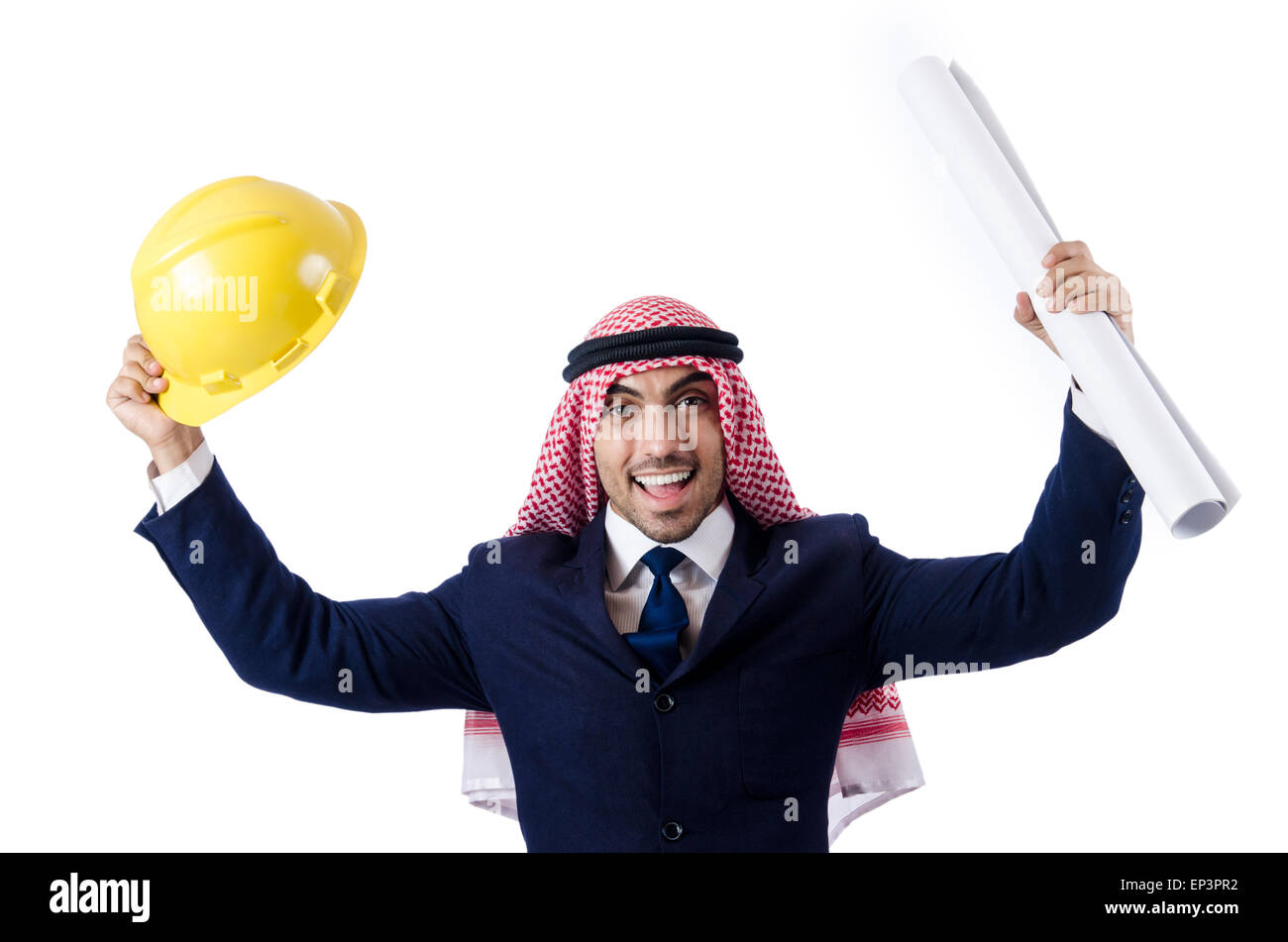 Arab engineer with drawings on white Stock Photo - Alamy