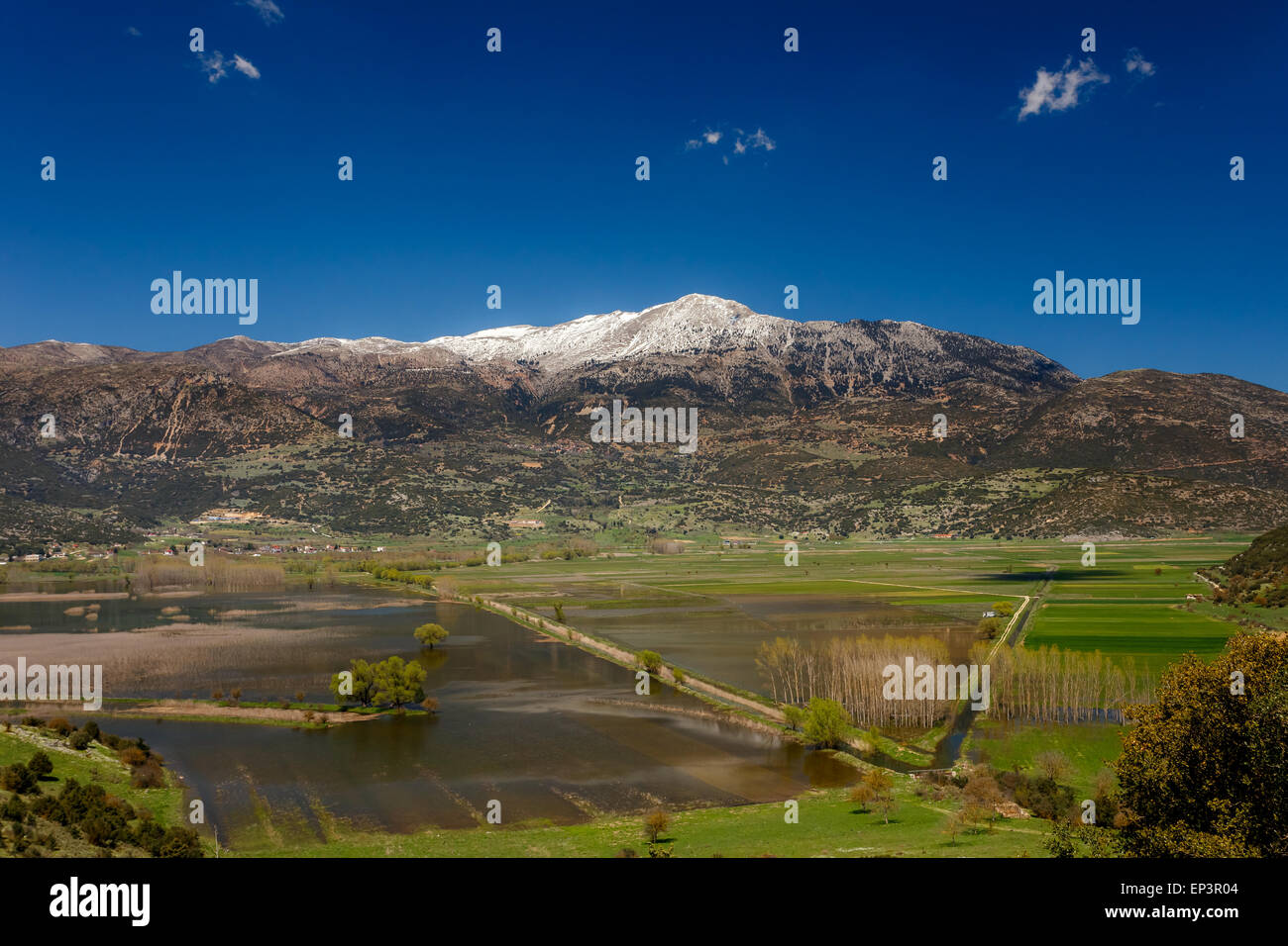 Stymfalia lake in Corinthia prefecture, Greece with the snowy mountains ...