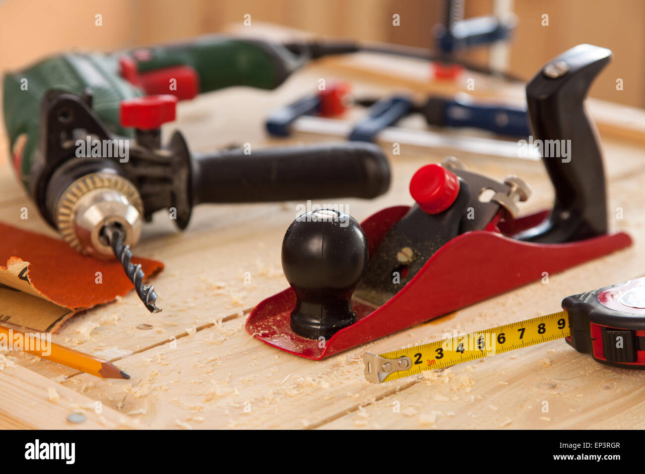 Woodworking tools on a carpenter's table Stock Photo - Alamy
