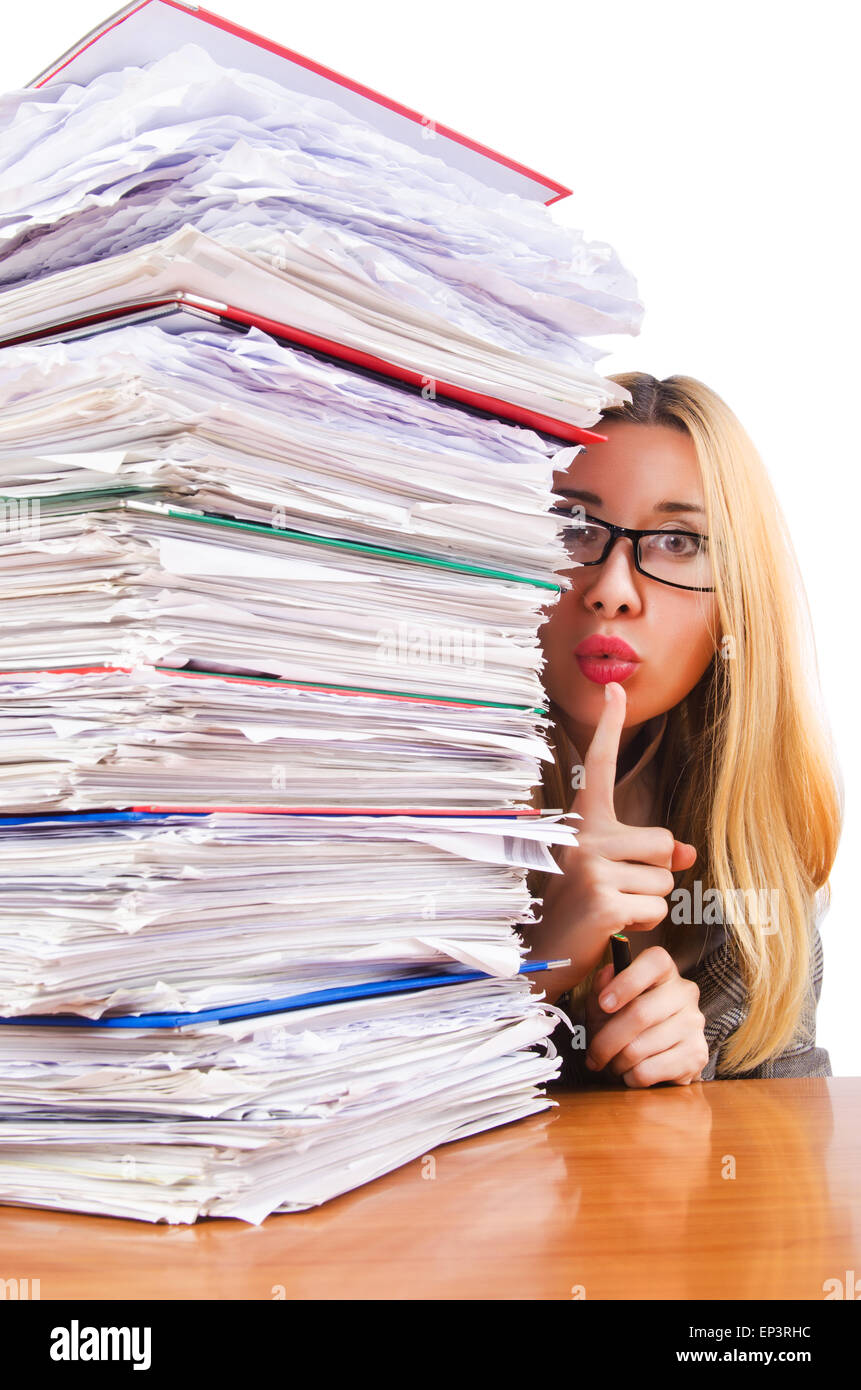 Busy woman with stacks of paper Stock Photo - Alamy