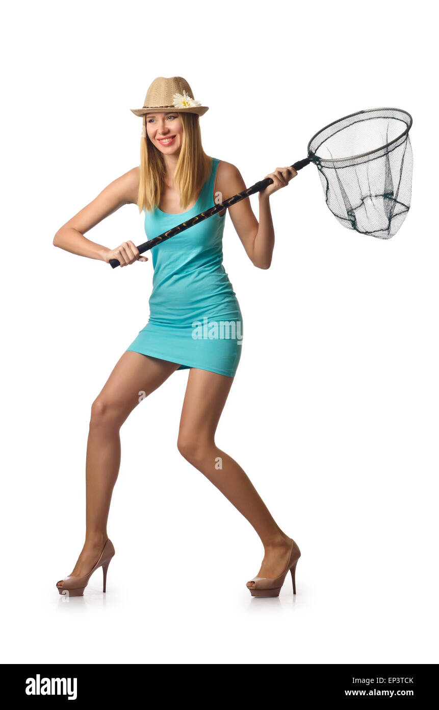 Attractive woman with net on white Stock Photo - Alamy