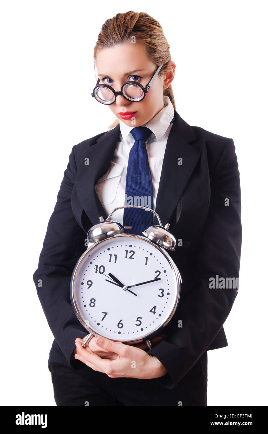 Nerd businesswoman with gian alarm clock Stock Photo - Alamy