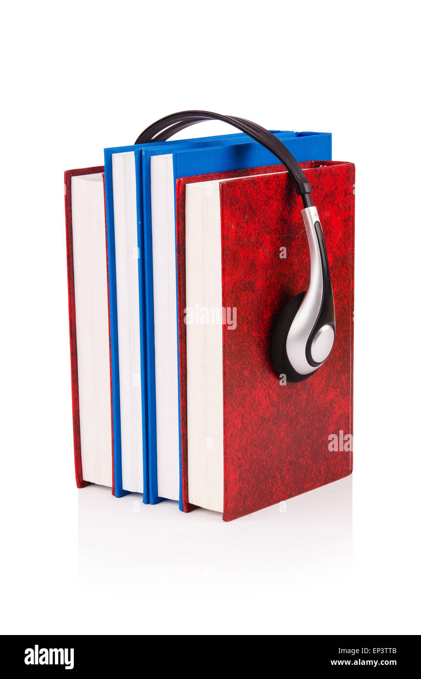 Concept of audio books with earphones on white Stock Photo - Alamy