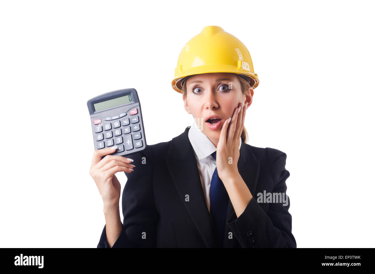 Female construction worker with calculator Stock Photo - Alamy