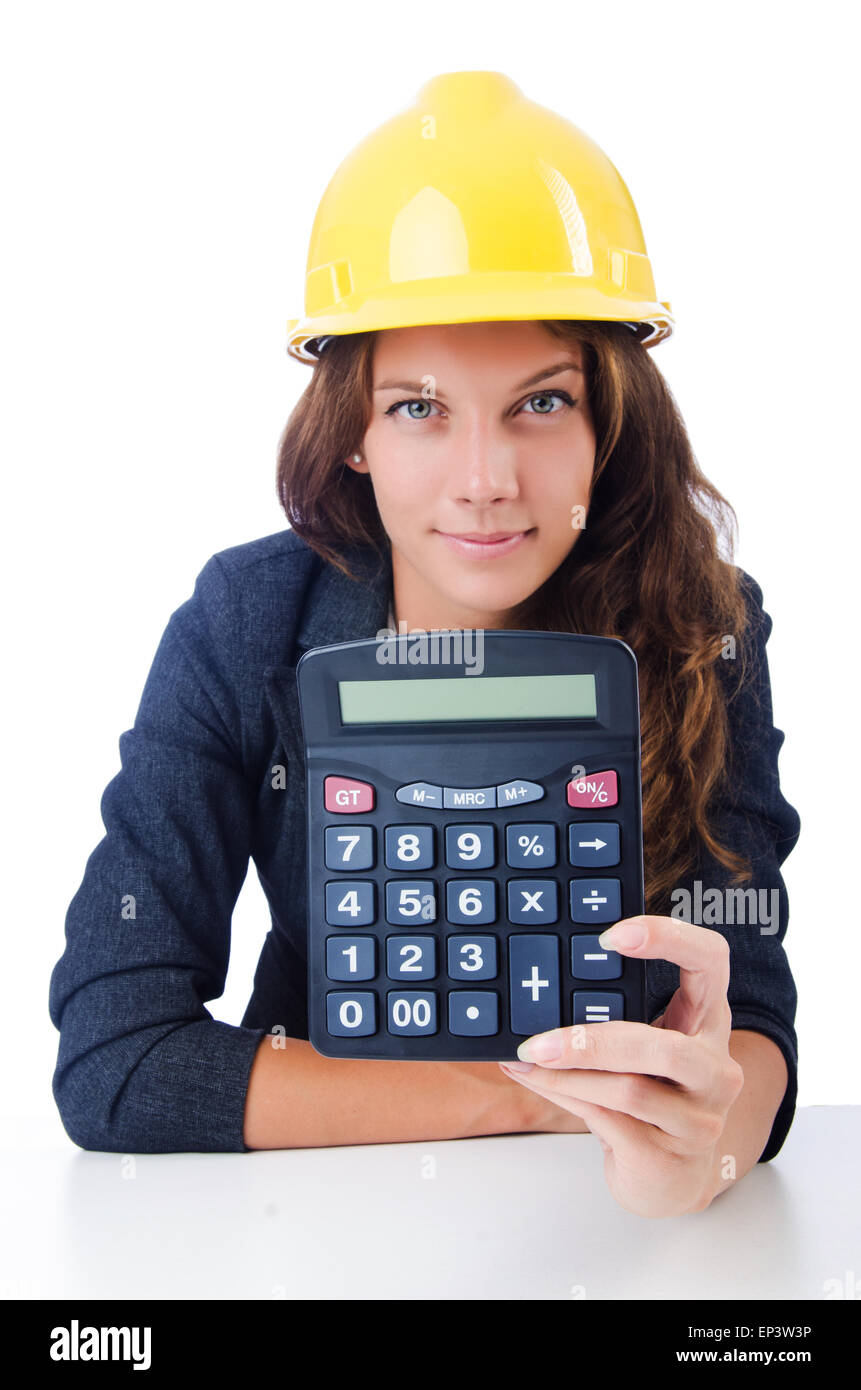Female builder with calculator on white Stock Photo - Alamy