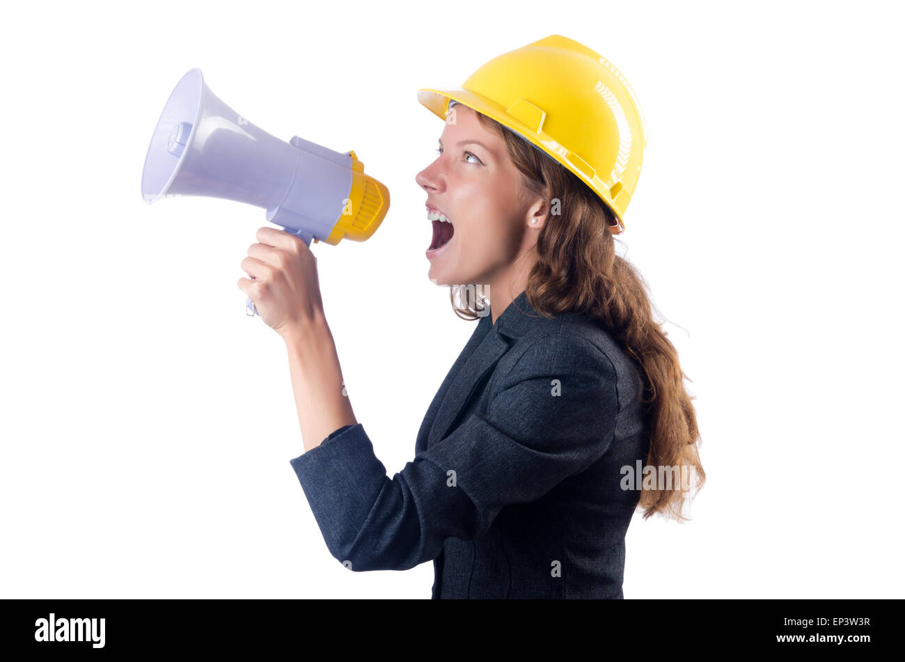 Female construction worker with loudspeaker Stock Photo - Alamy