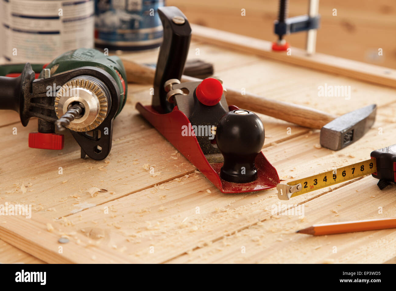 Woodworking tools on a carpenter's table Stock Photo - Alamy