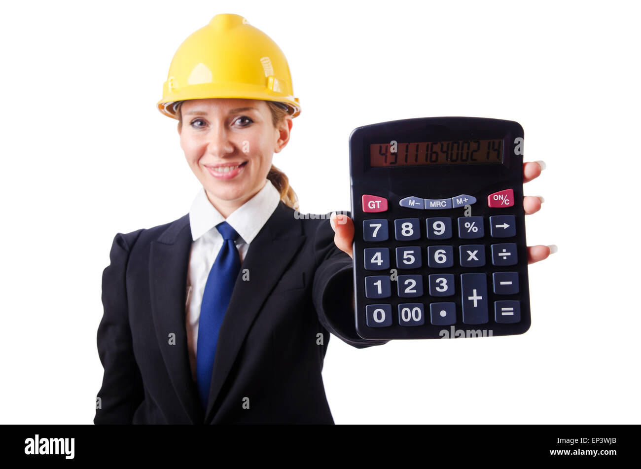 Female construction worker with calculator Stock Photo - Alamy