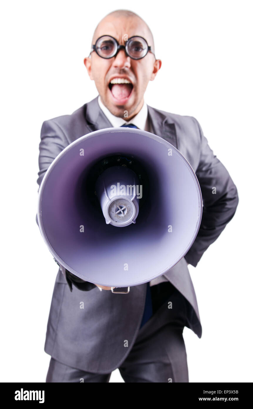 Funny man with loudspeaker on white Stock Photo - Alamy