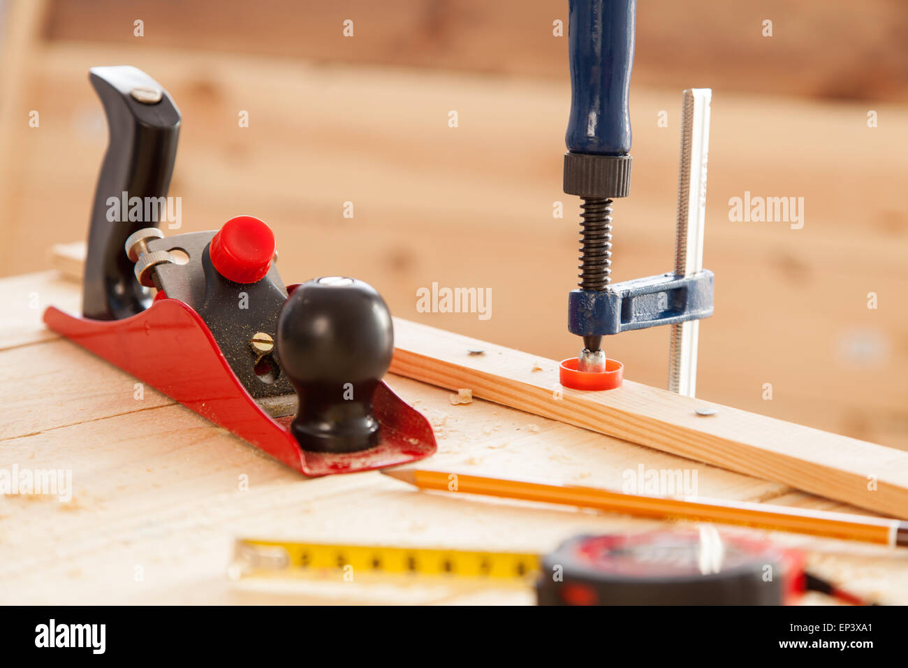 Woodworking tools on a carpenter's table Stock Photo - Alamy