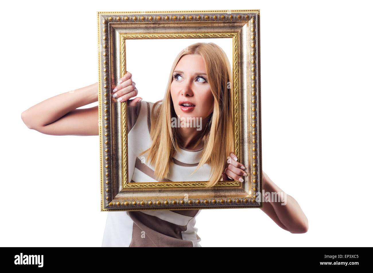 Woman with picture frame on white Stock Photo - Alamy