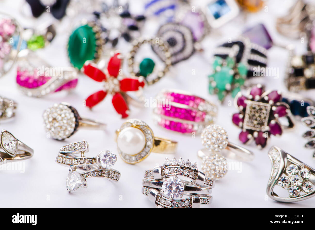 Collection of jewellery rings on white Stock Photo - Alamy
