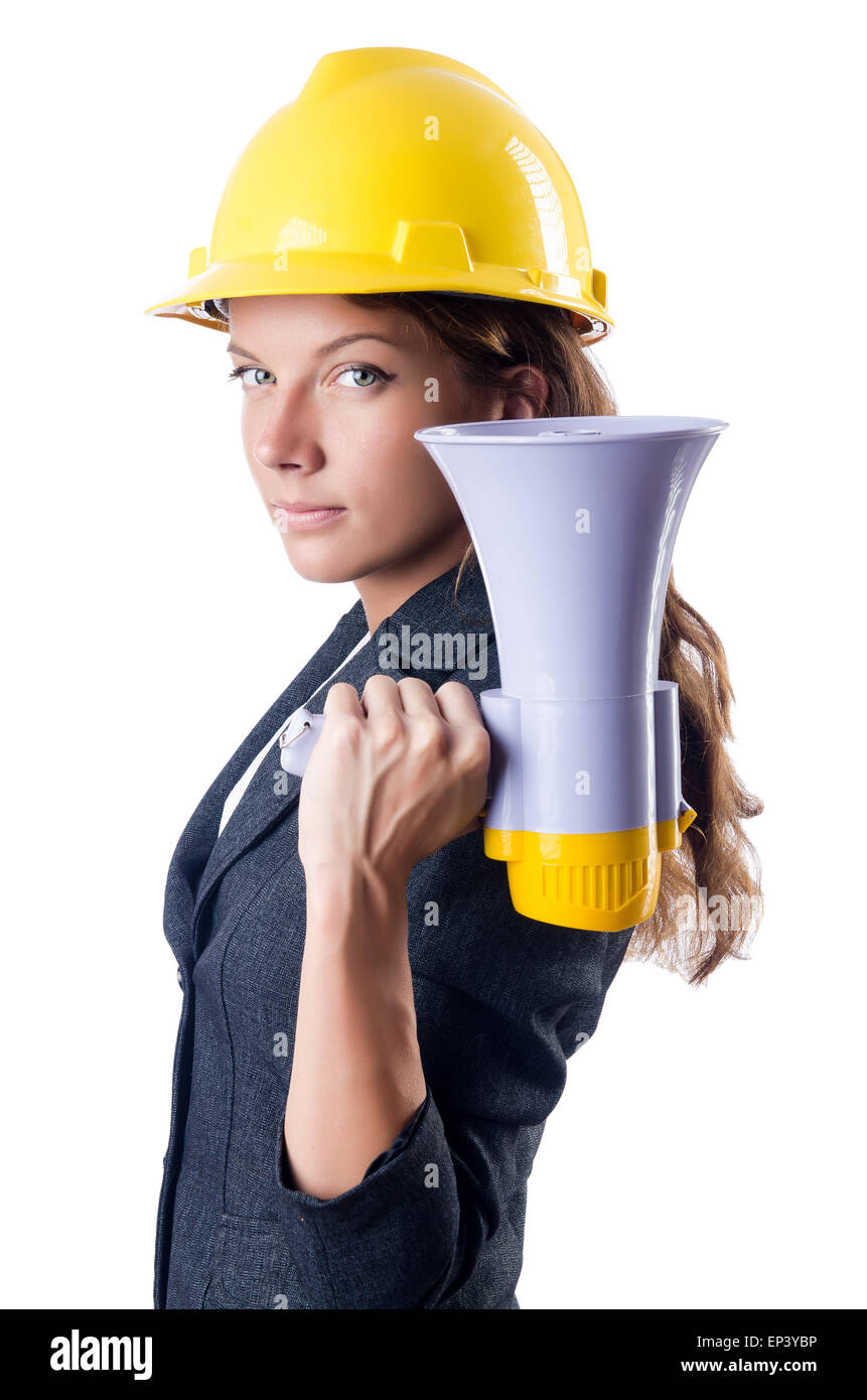 Female construction worker with loudspeaker Stock Photo - Alamy