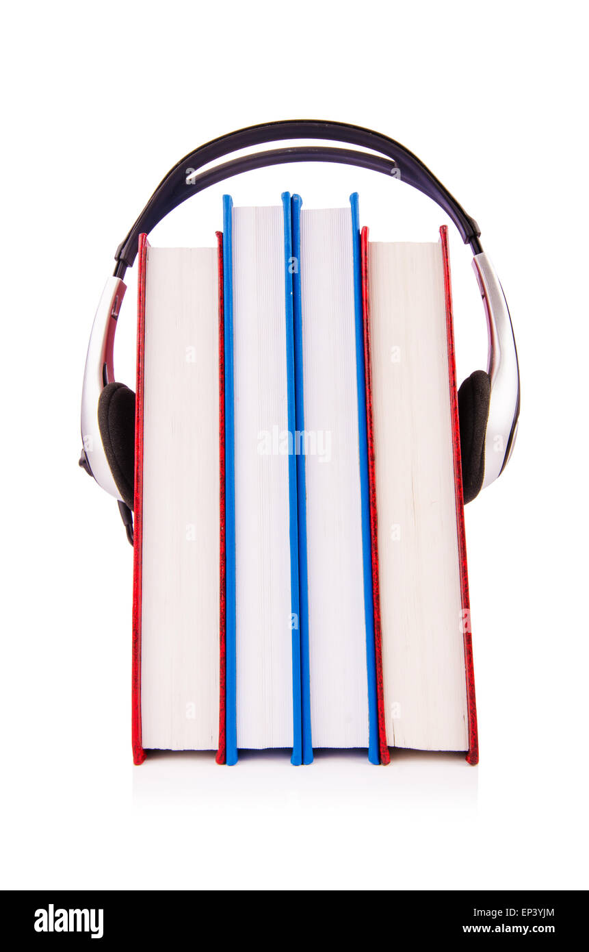 Concept of audio books with earphones on white Stock Photo - Alamy