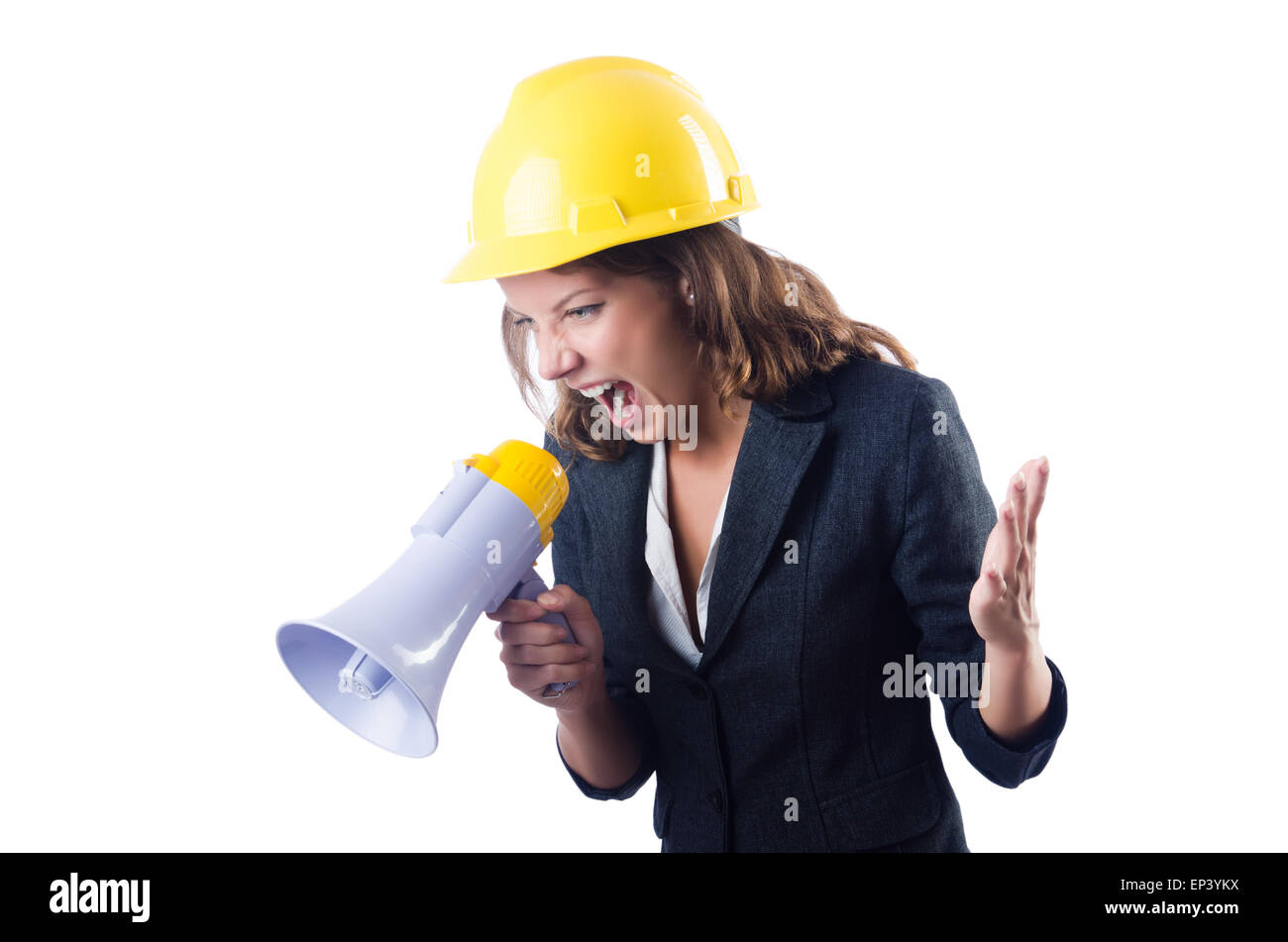 Female construction worker with loudspeaker Stock Photo - Alamy
