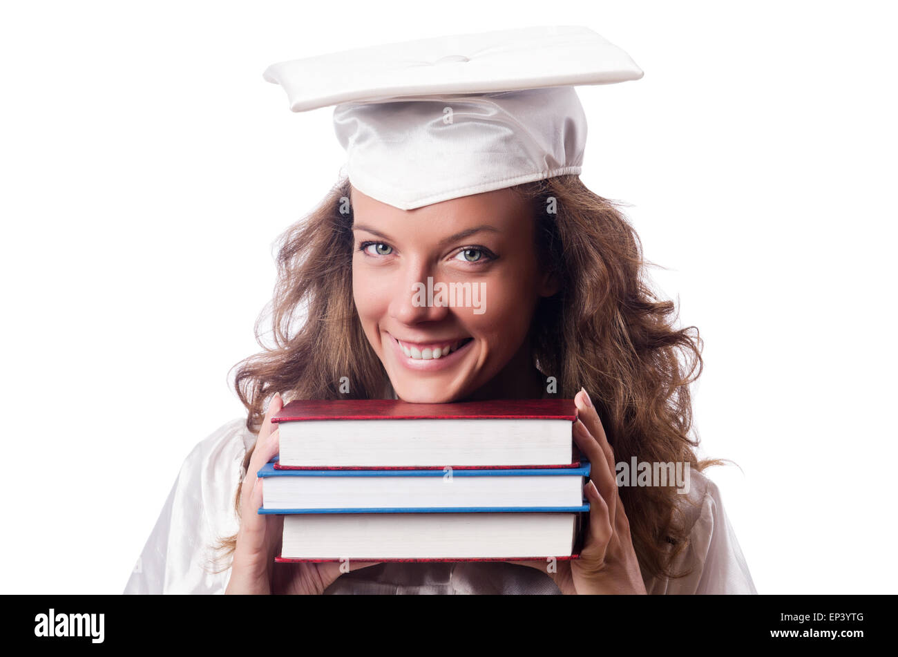 Graduate with book isolated on white Stock Photo - Alamy