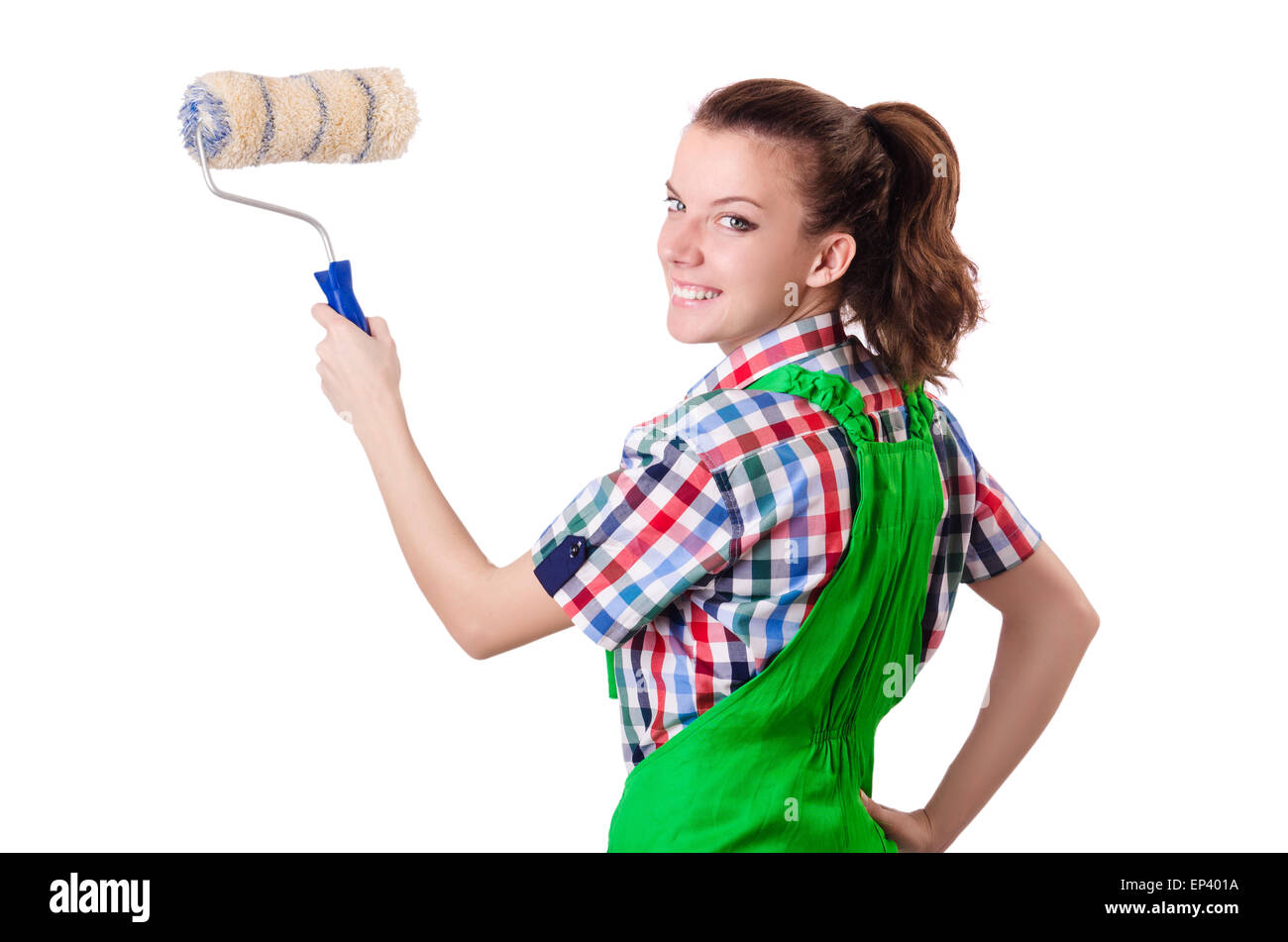 Woman painter with paintbrush on white Stock Photo - Alamy