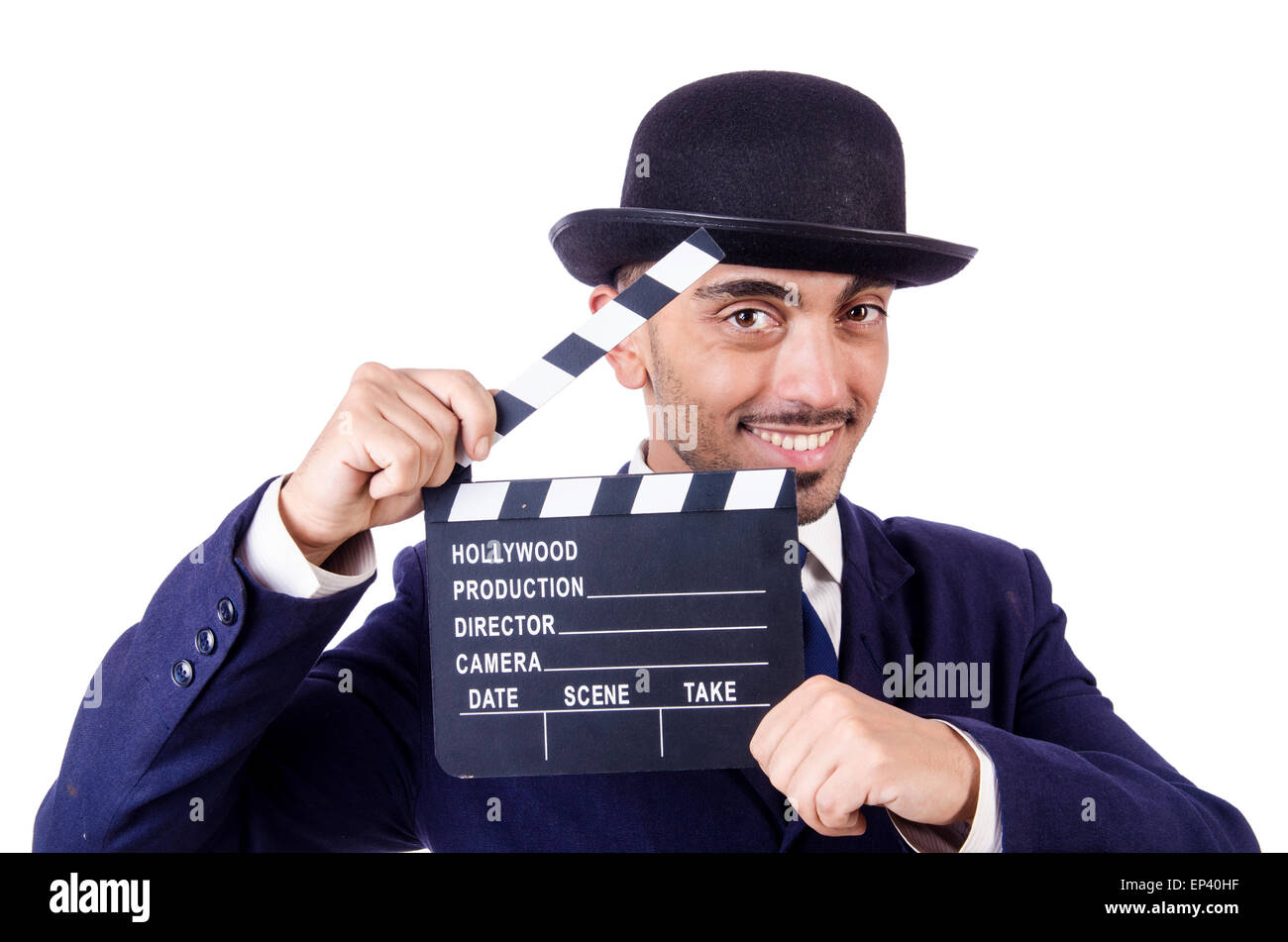 Man with movie clapper isolated on white Stock Photo - Alamy