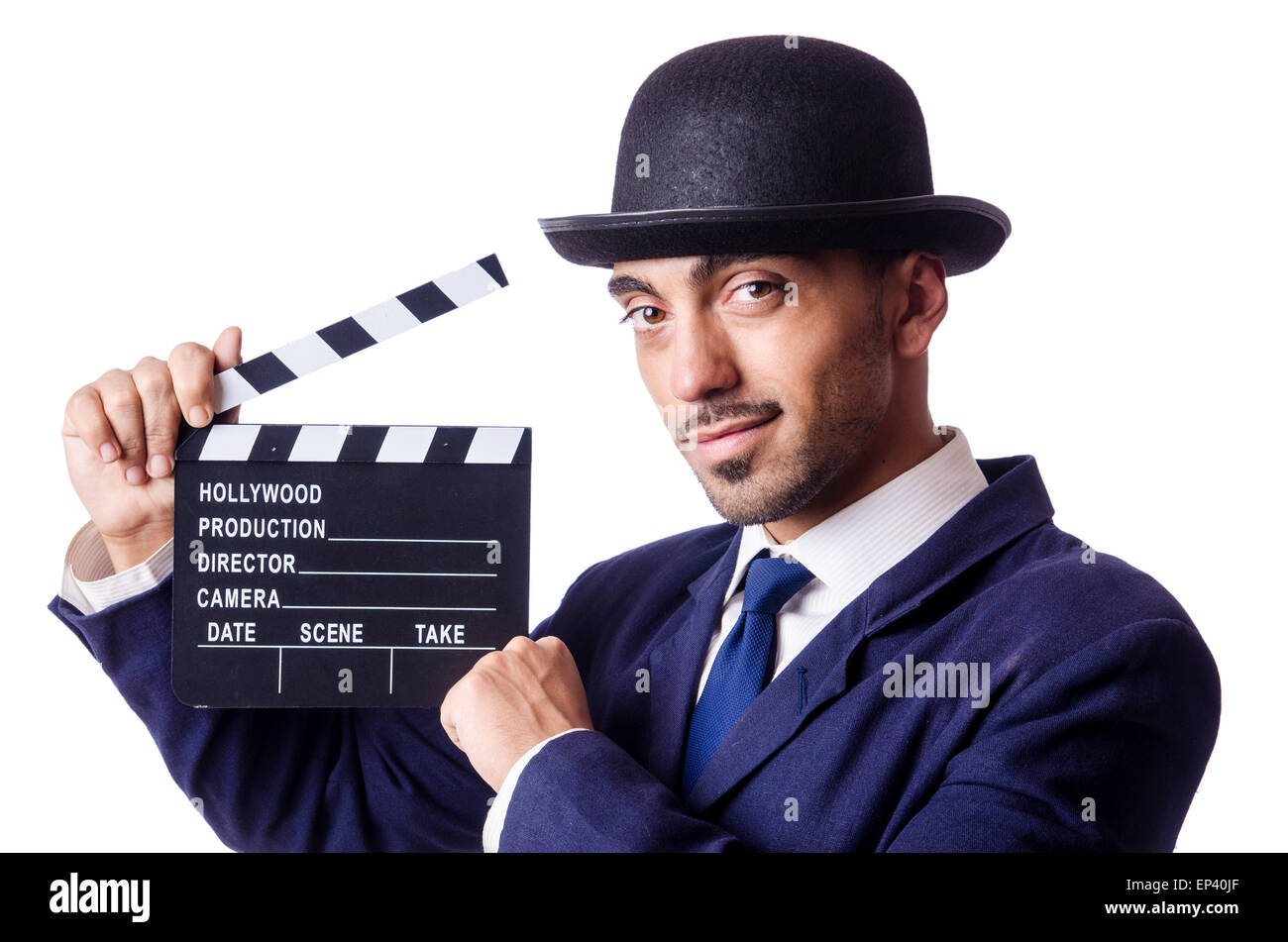 Man with movie clapper isolated on white Stock Photo - Alamy