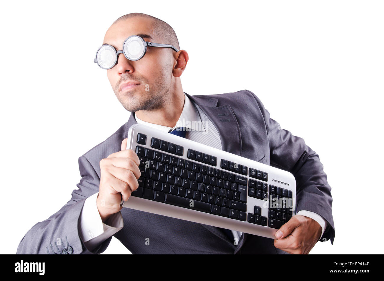 Nerd businessman with computer keyboard on white Stock Photo - Alamy