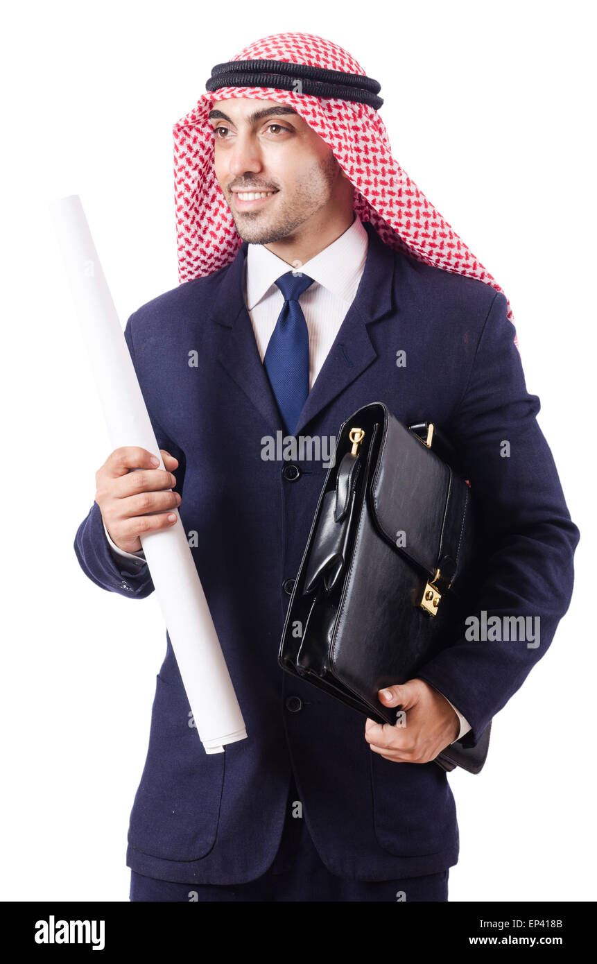Arab engineer with drawings on white Stock Photo - Alamy