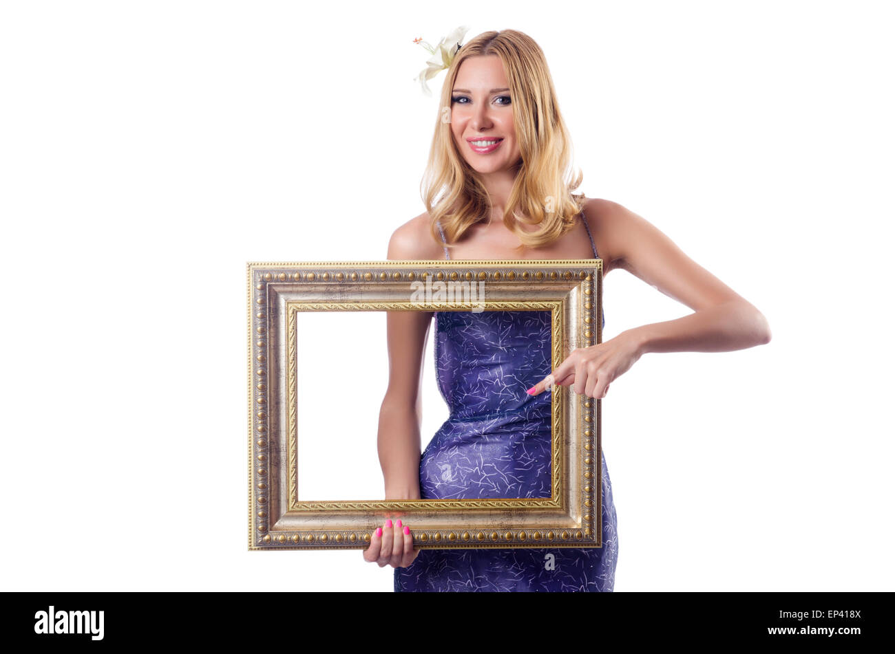Woman with picture frame on white Stock Photo - Alamy