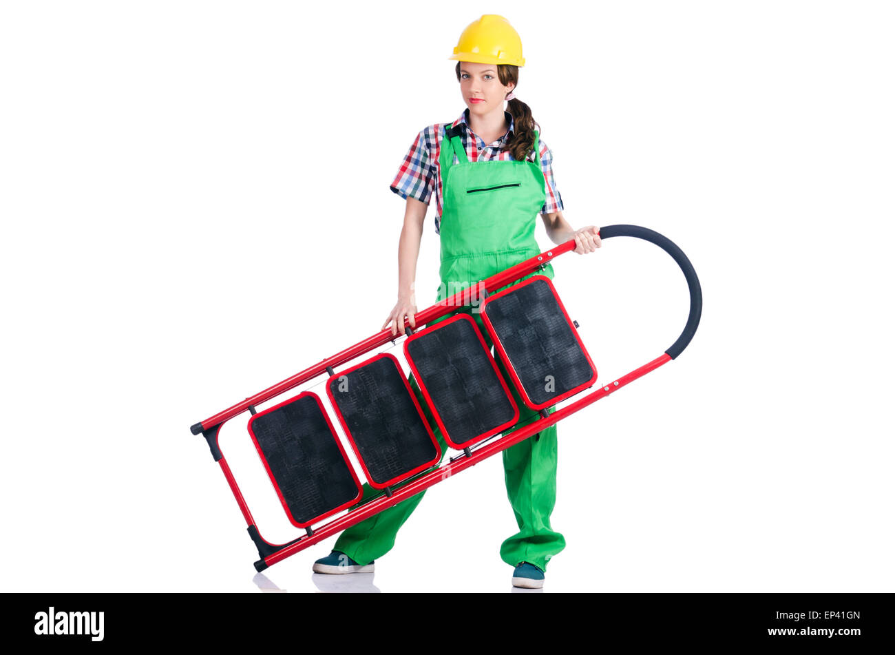 Woman repair worker with ladder Stock Photo - Alamy