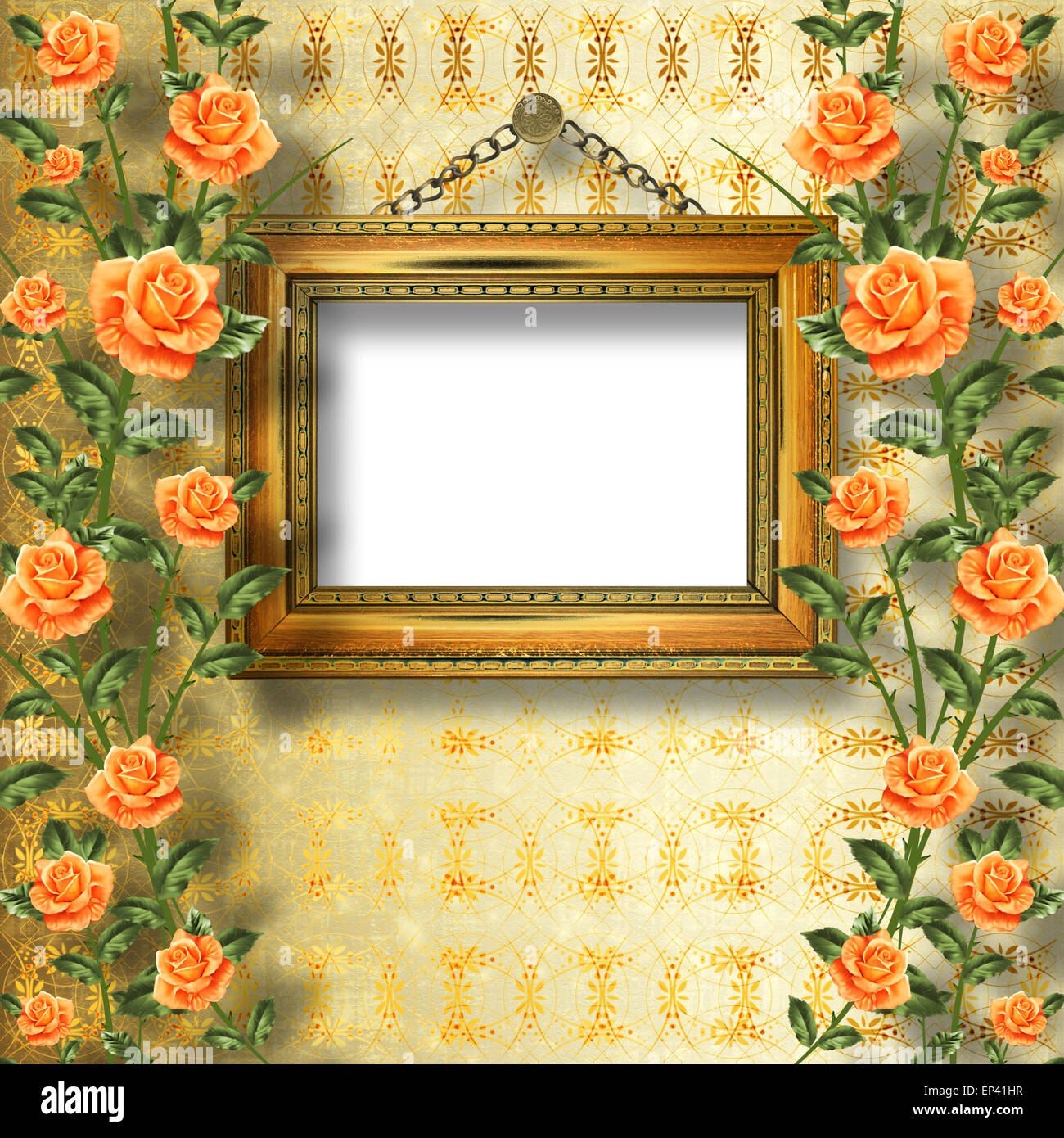 Old wooden frame for photo with garland of painting rose Stock Photo ...