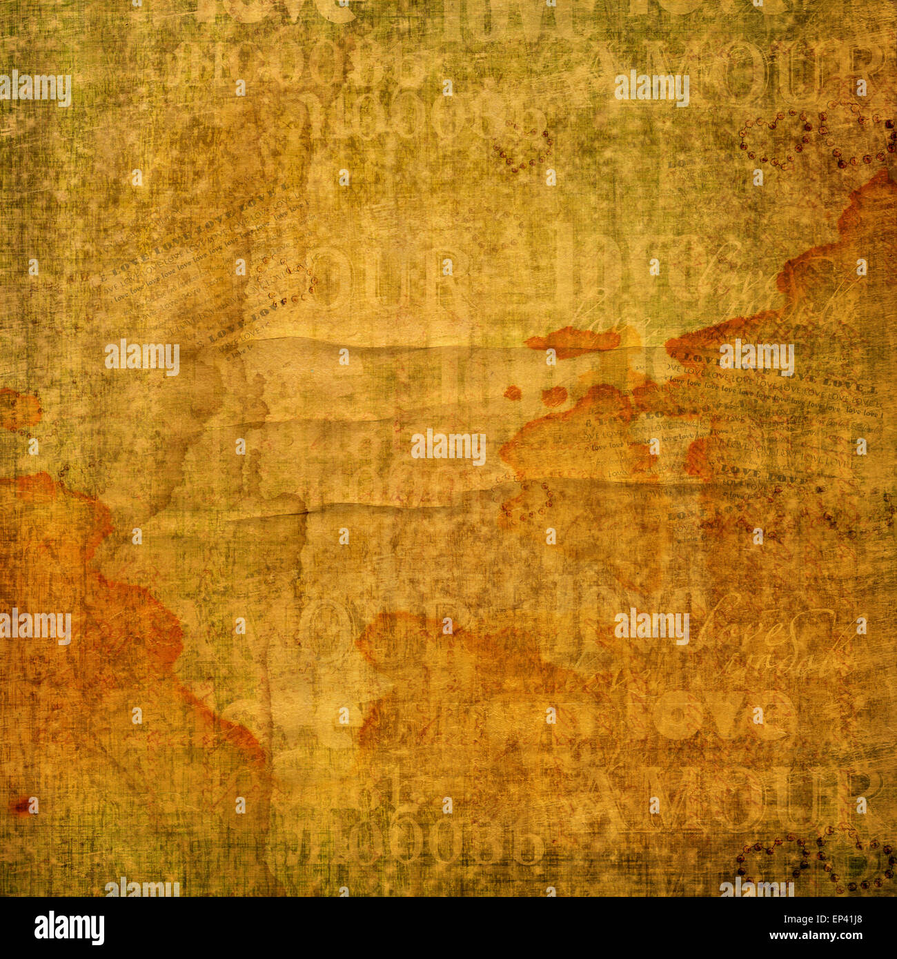 Grunge ancient used paper in scrapbooking style with text and hearts ...