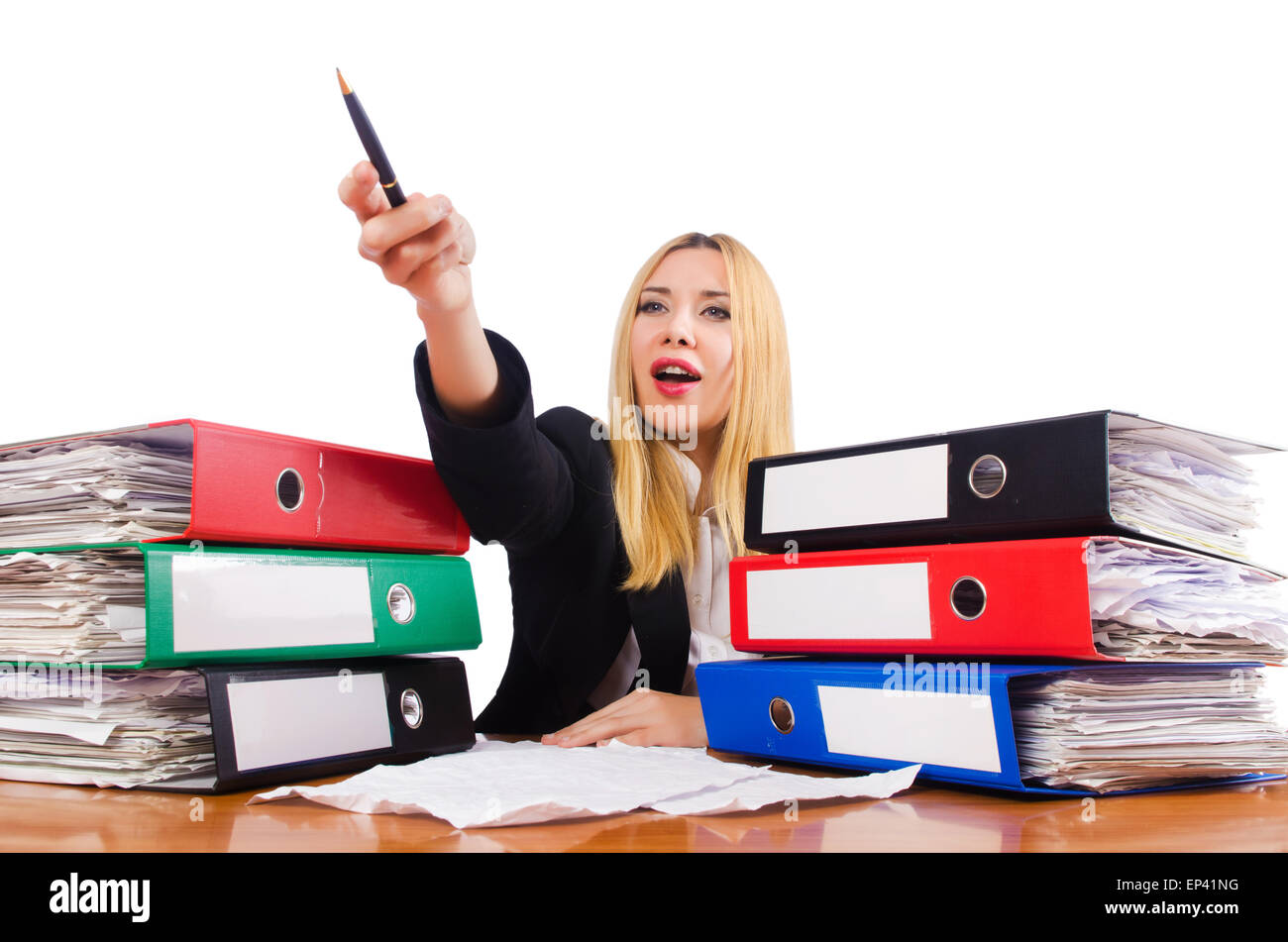 Busy woman with stacks of paper Stock Photo - Alamy