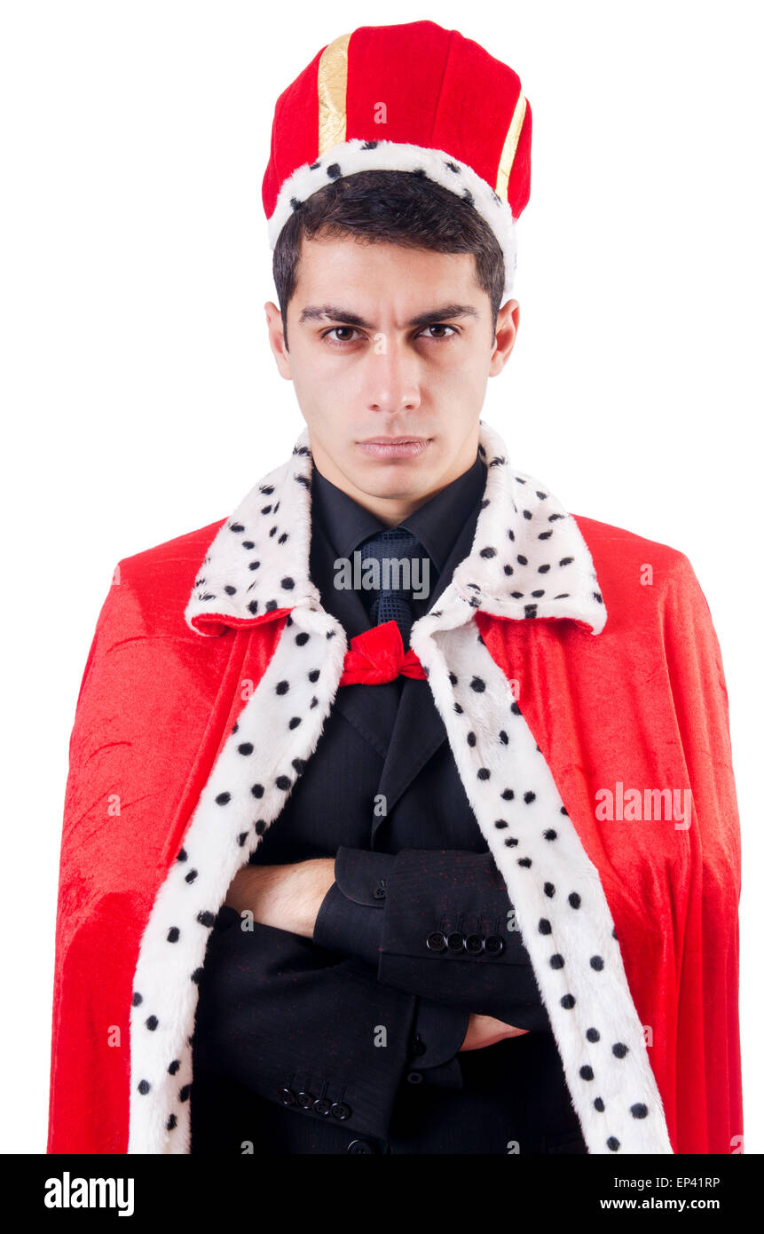 Businessman playing king isolated on white Stock Photo - Alamy