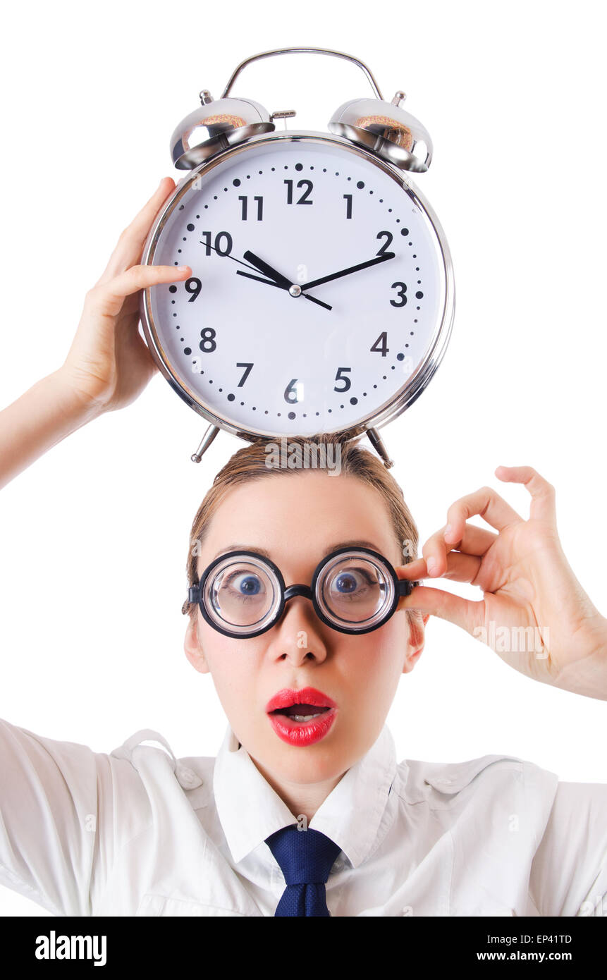 Nerd businesswoman with gian alarm clock Stock Photo - Alamy