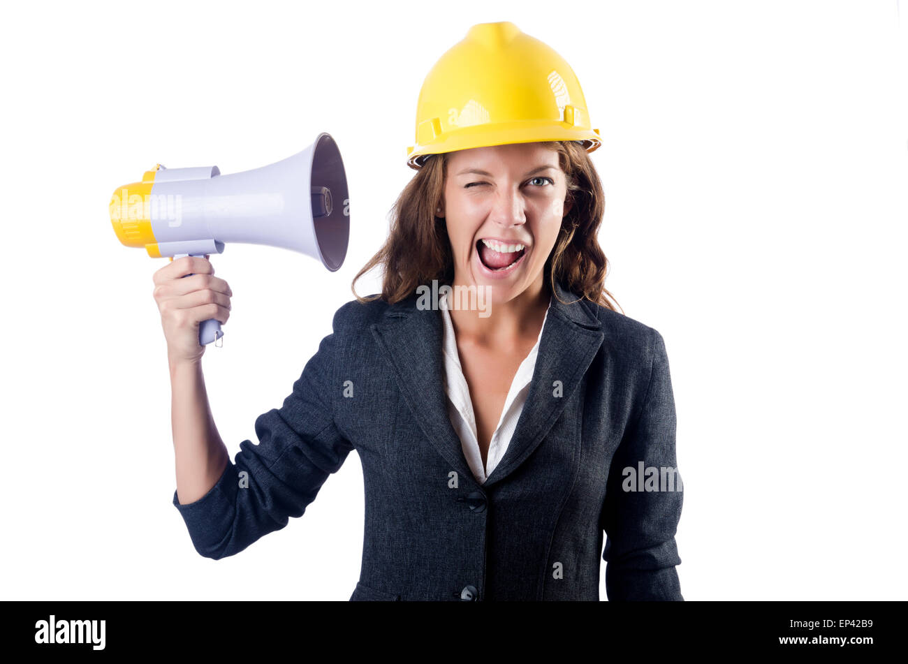 Female construction worker with loudspeaker Stock Photo - Alamy