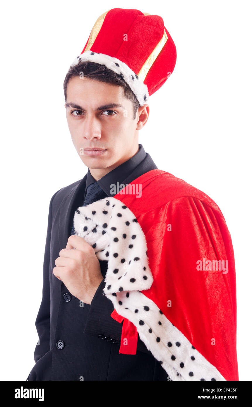 Businessman playing king isolated on white Stock Photo - Alamy