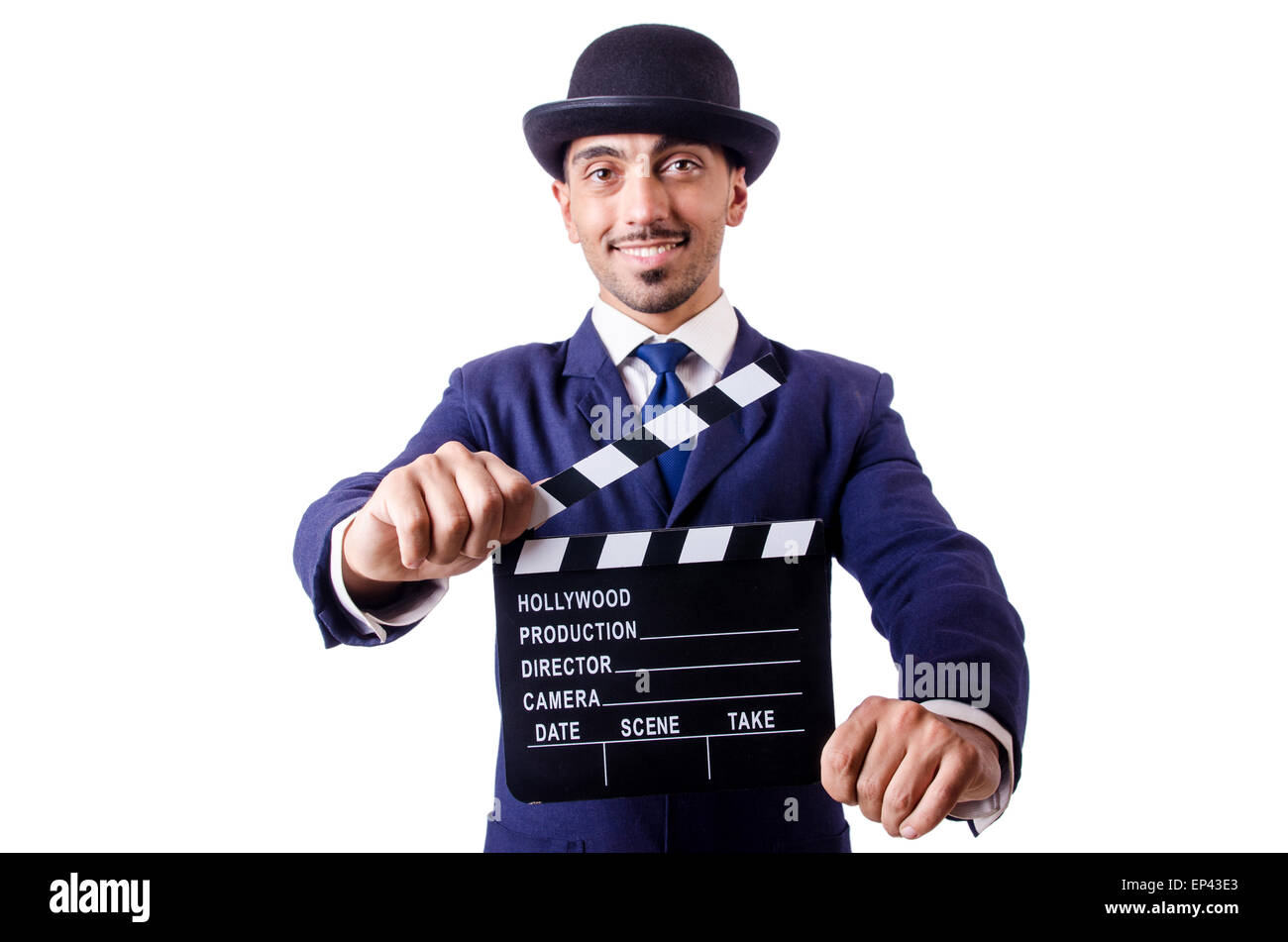 Man with movie clapper isolated on white Stock Photo - Alamy