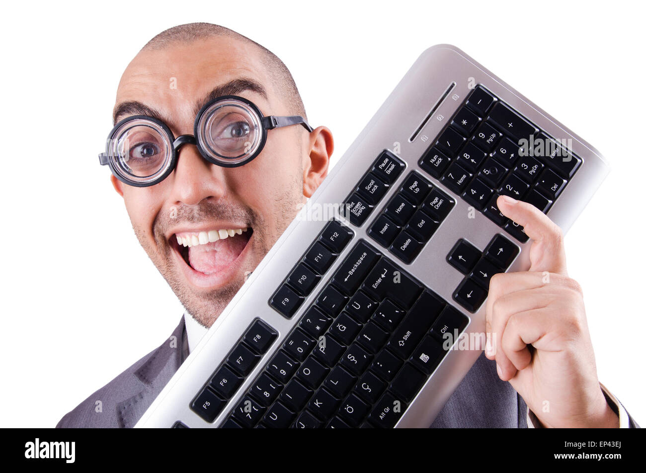 Nerd businessman with computer keyboard on white Stock Photo - Alamy