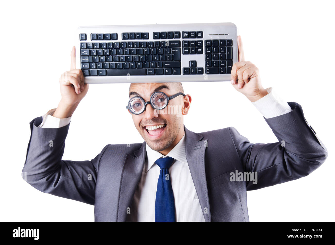 Nerd businessman with computer keyboard on white Stock Photo - Alamy