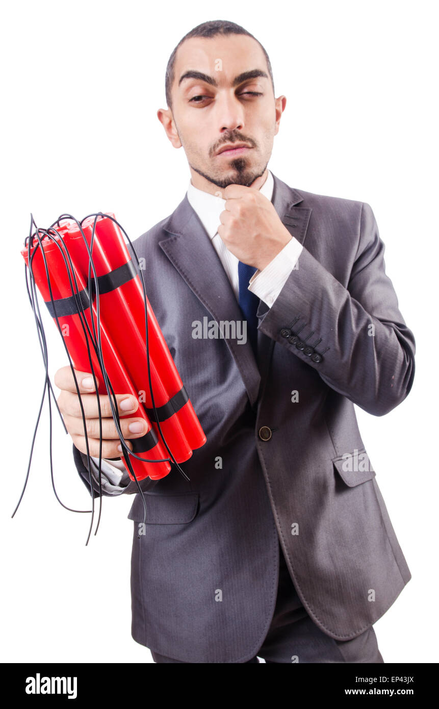 Businessman with dynamite isolated on white Stock Photo - Alamy