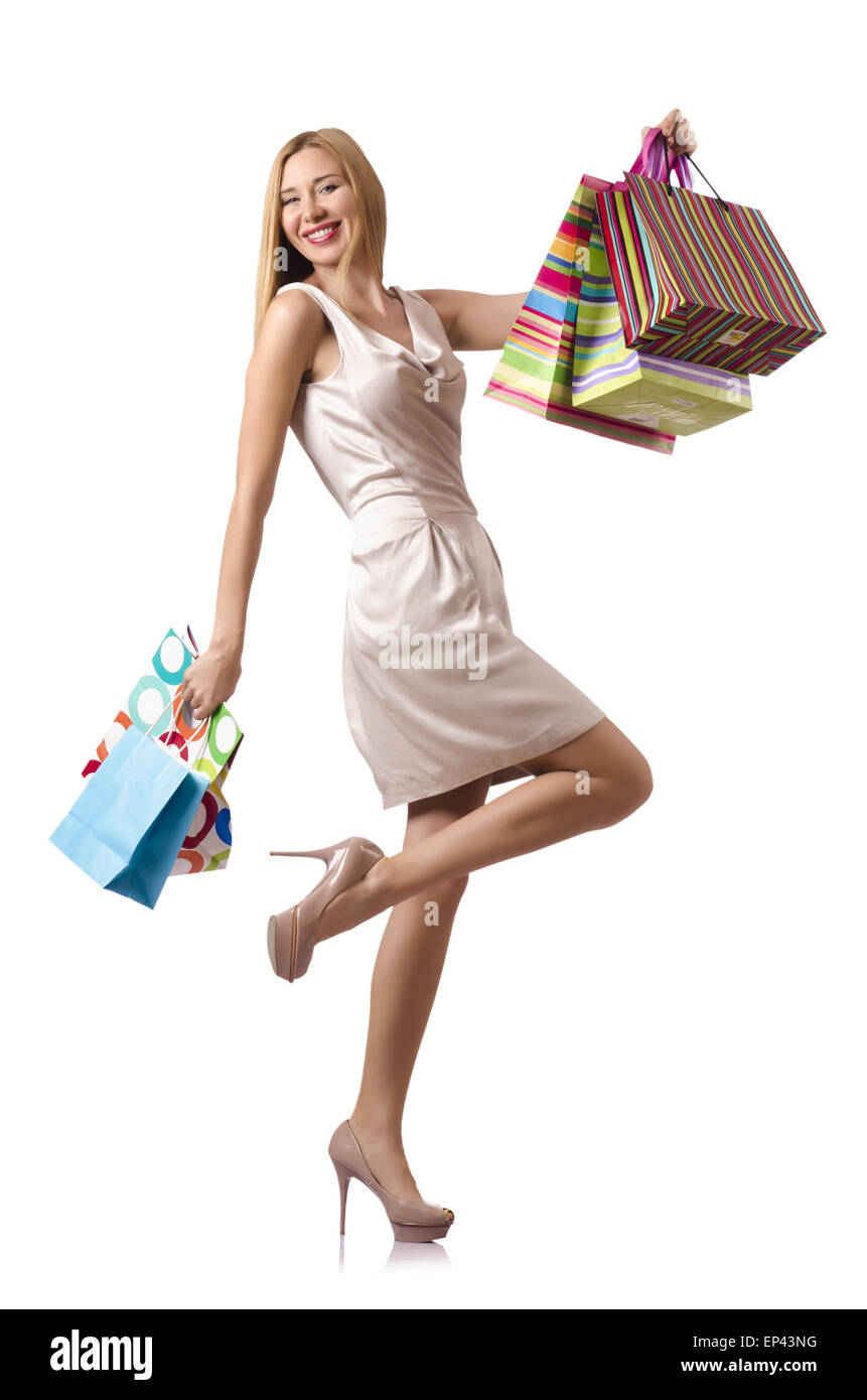 Tall girl after good shopping on white Stock Photo - Alamy