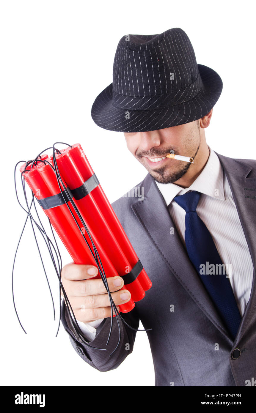 Businessman with dynamite isolated on white Stock Photo - Alamy