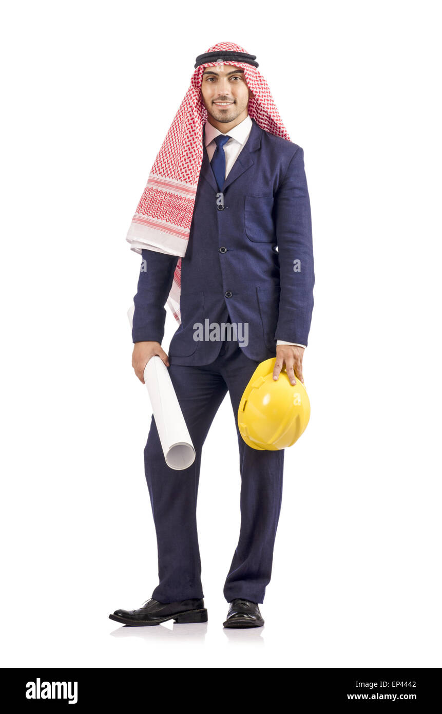 Arab engineer with drawings on white Stock Photo - Alamy
