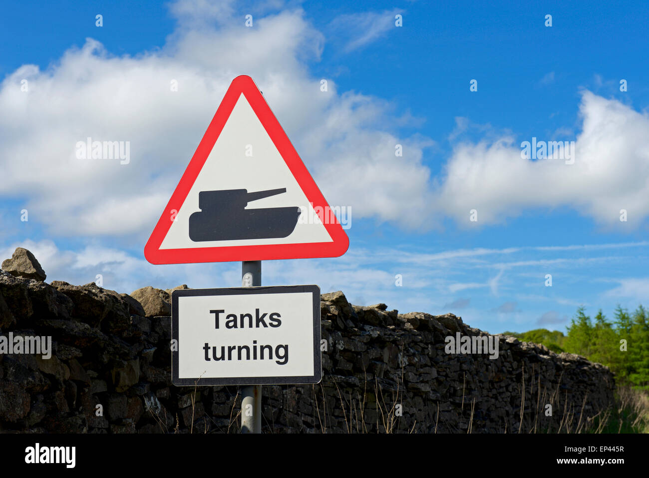 Road sign, Tanks Turning, near MoD land, North Yorkshire, England UK ...