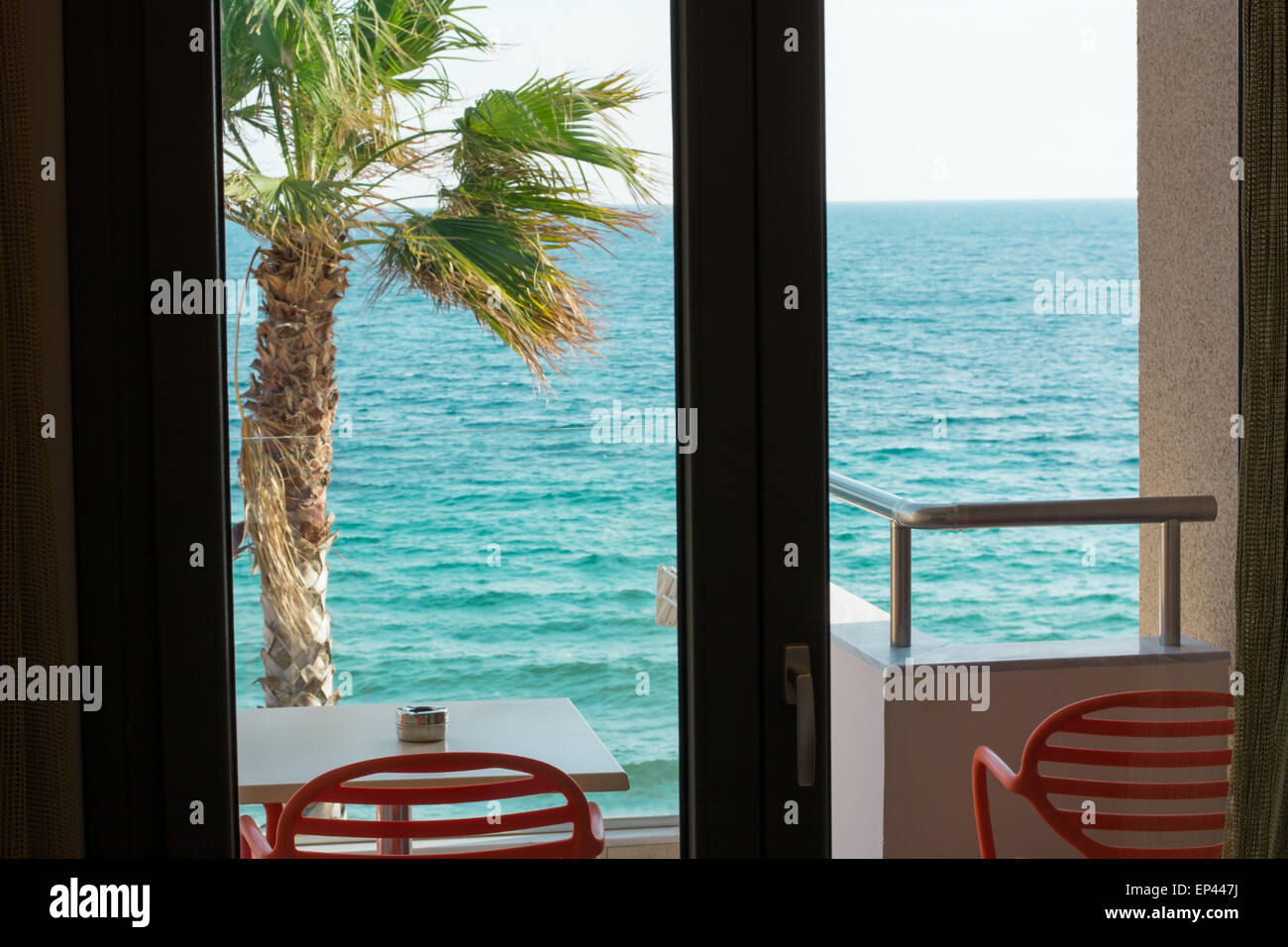 Nice view of the palm tree and the see through the window Stock Photo ...
